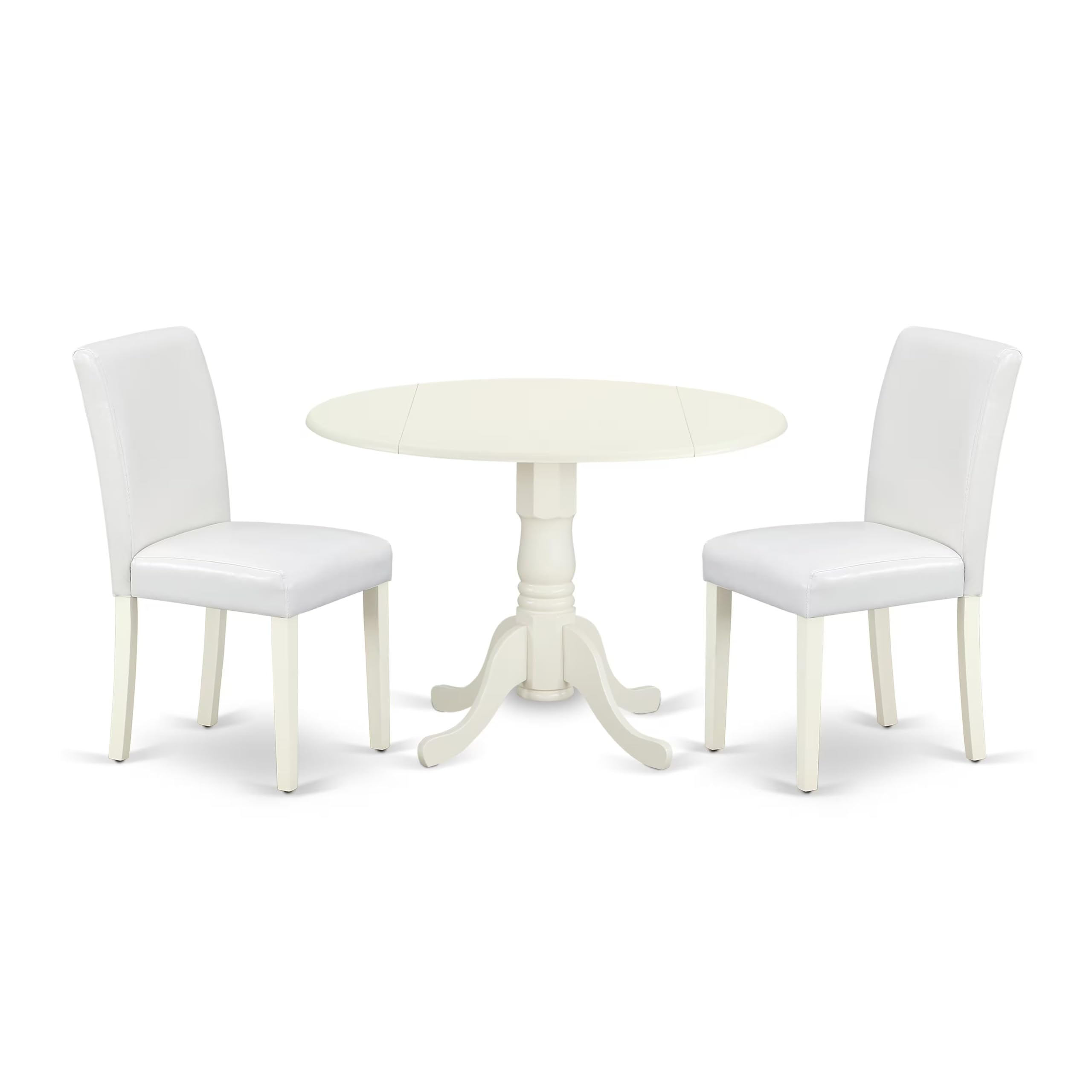 East West Furniture DLAB3-LWH-64 3 Piece Dinette Set for Small Spaces Contains a Round Dining Table with Dropleaf and 2 White Faux Leather Parson Dining Chairs, 42x42 Inch, Linen White