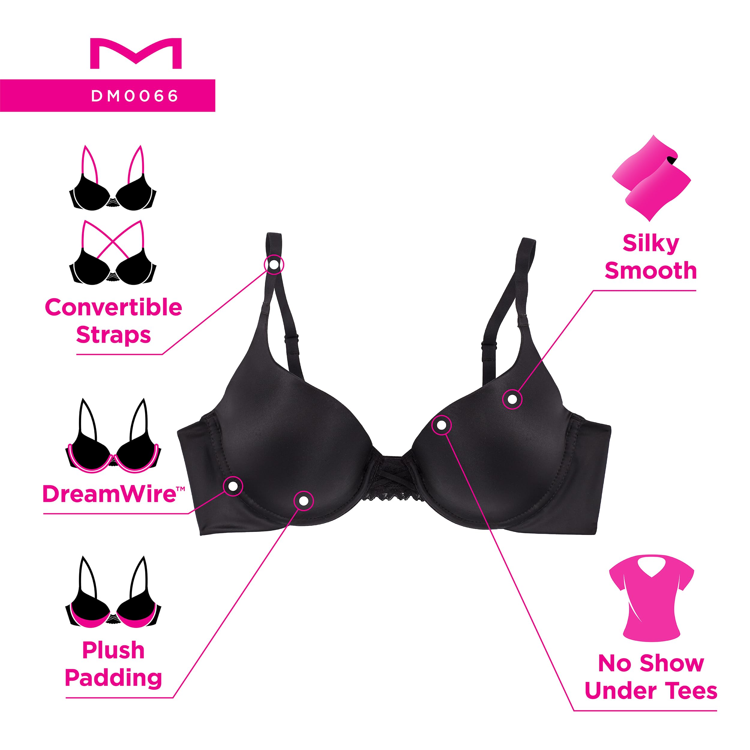 Maidenform DreamWire Underwire Bra, No-Poke Push-Up Bra, Moderate Coverage, Convertible T-Shirt Bra, Paris Nude, 34C