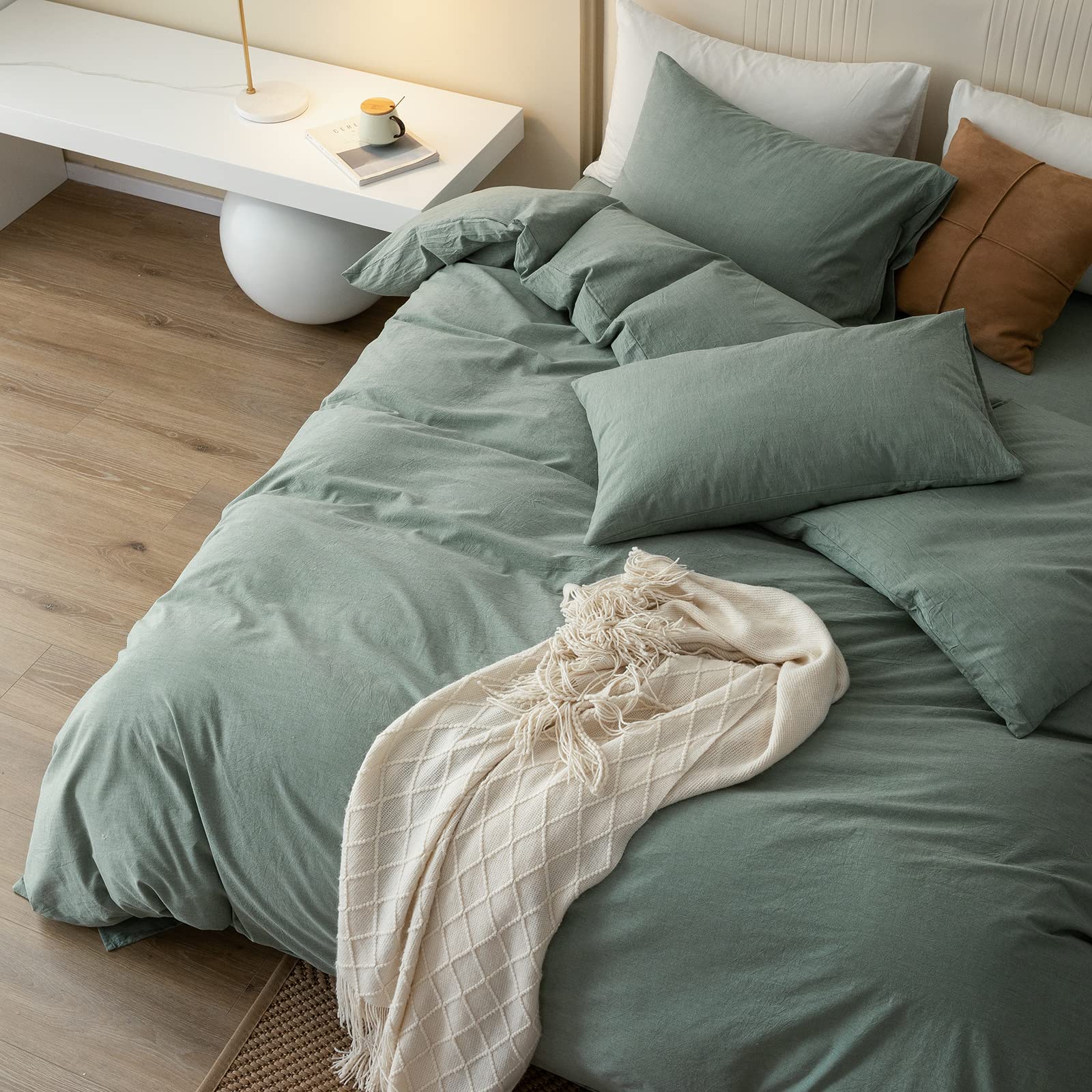 JIYUAN 100% Washed Cotton Duvet Cover Set Comfy Simple Style Soft Breathable Textured Durable Linen Feel Bedding for All Seasons Queen, Green