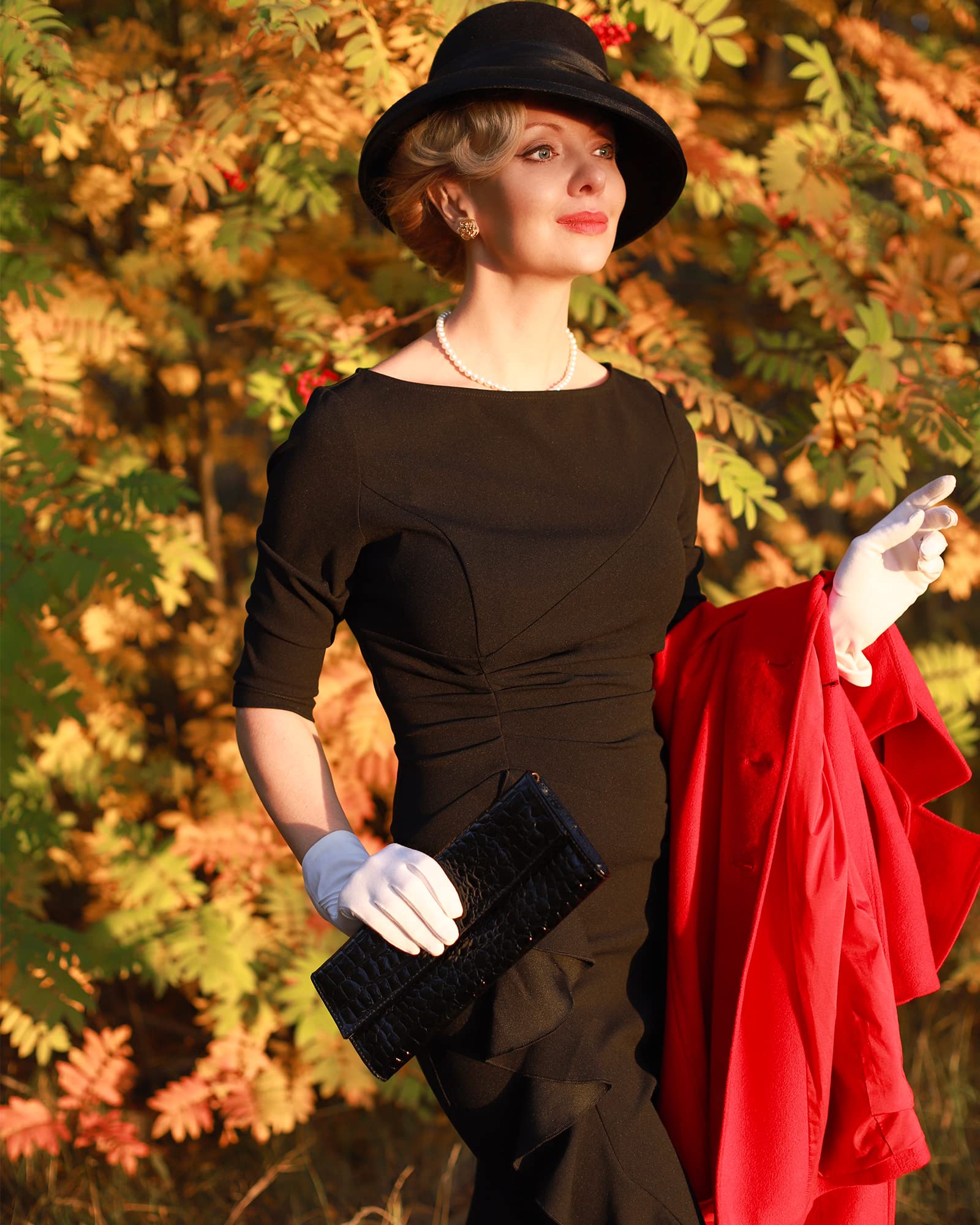 AISIZE Women's Retro 3/4 Sleeve Ruched Elegant Business Pencil Sheath Dress Black
