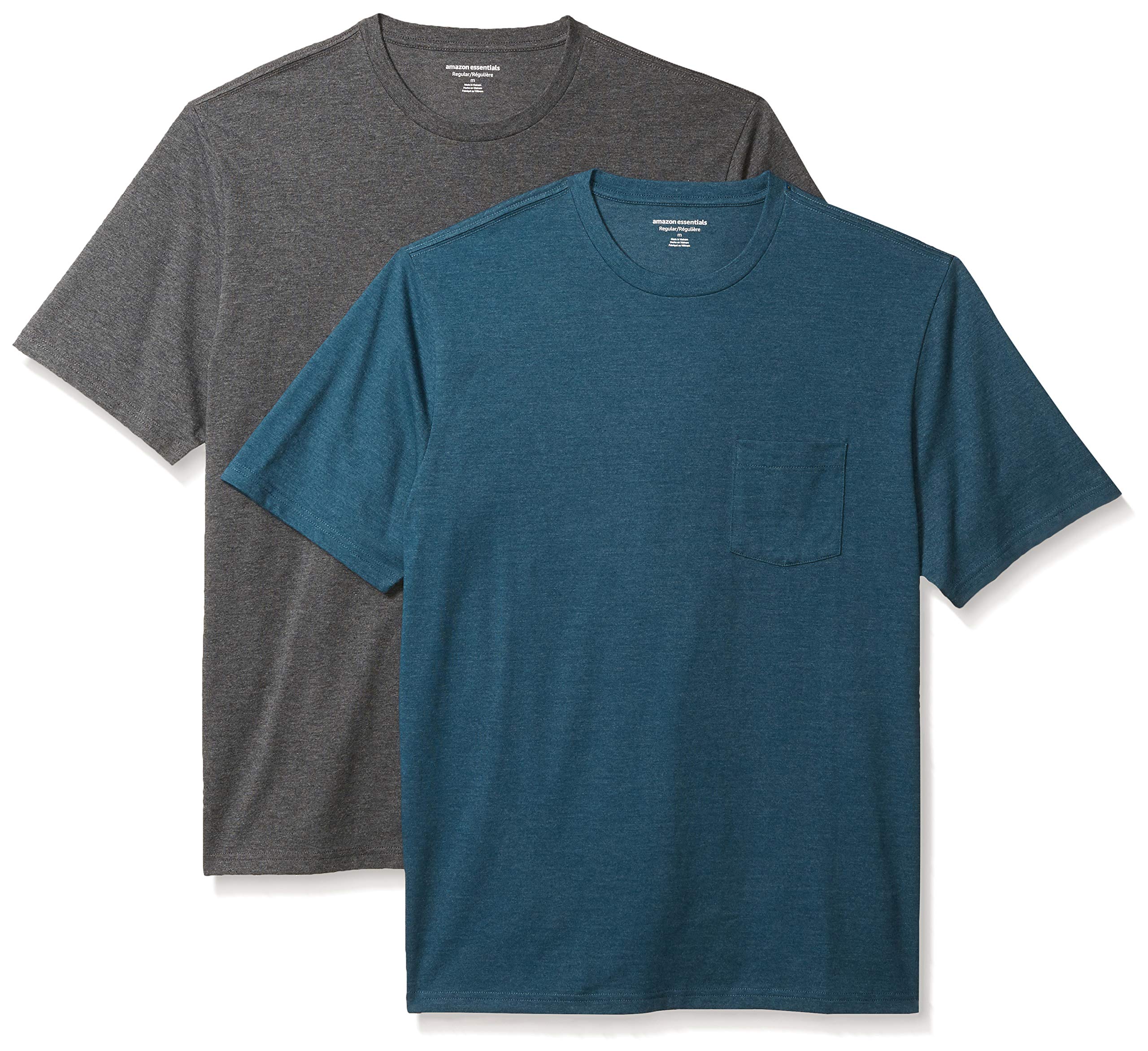 Amazon Essentials Men's Regular-Fit Short-Sleeve Crewneck Pocket T-Shirt, Pack of 2, Teal Blue/Charcoal Heather, Large