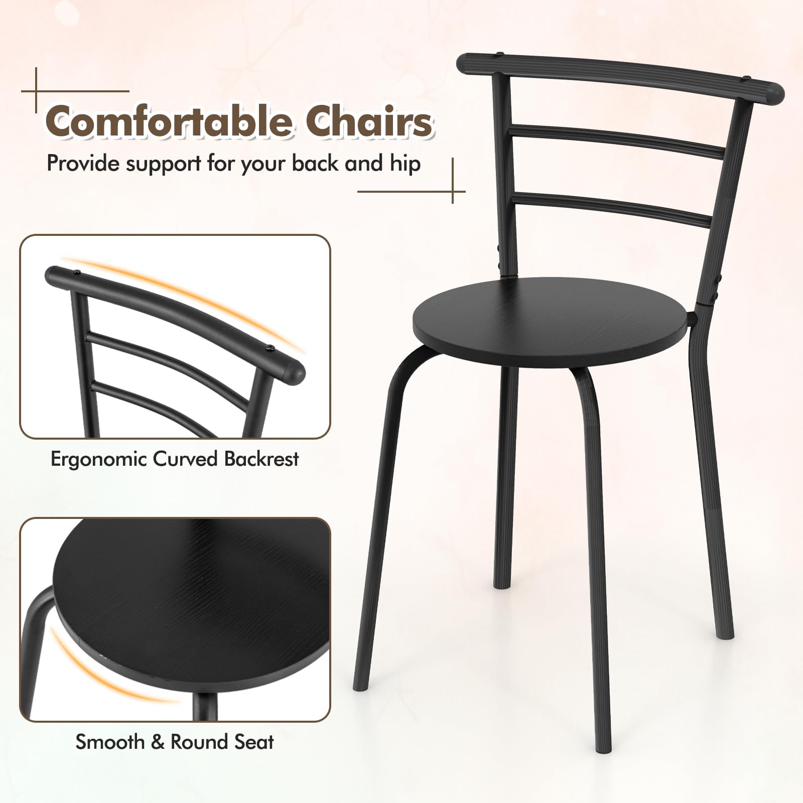 Giantex 3 Piece Dining Set Compact 2 Chairs and Table Set with Metal Frame and Shelf Storage Bistro Pub Breakfast Space Saving for Apartment and Kitchen (Black)