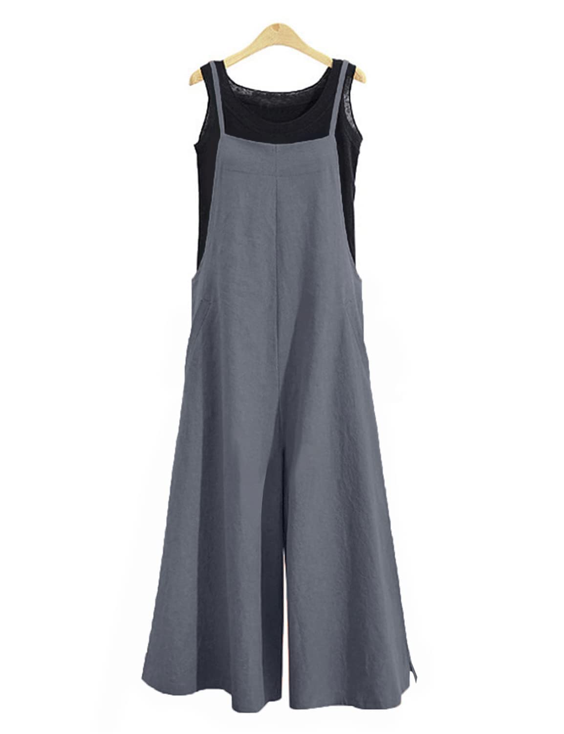 YESNO Women Casual Loose Long Bib Pants Wide Leg Jumpsuits Baggy Cotton Rompers Overalls with Pockets (2XL PZZTYP2 Gray)