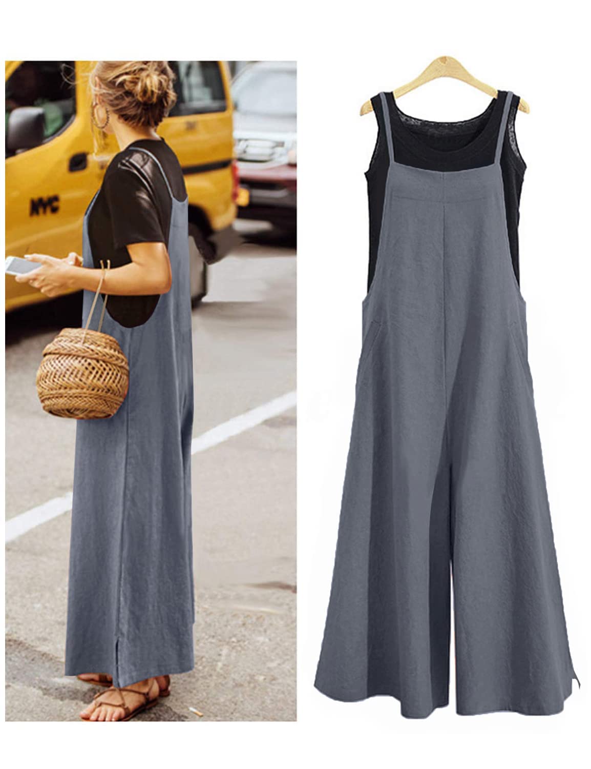 YESNO Women Casual Loose Long Bib Pants Wide Leg Jumpsuits Baggy Cotton Rompers Overalls with Pockets (2XL PZZTYP2 Gray)