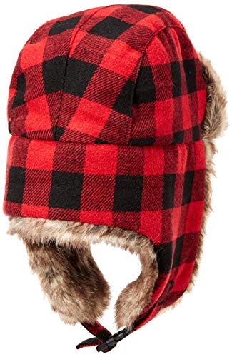 Amazon Essentials Men's Trapper Hat with Faux Fur, Red Buffalo Check, One Size