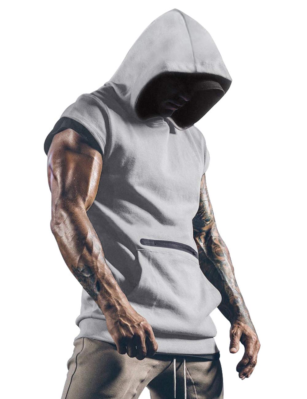 Poriff Mens Workout Running Shirts Sleevles Hoodies Plain Workout Tank Tops Grey S