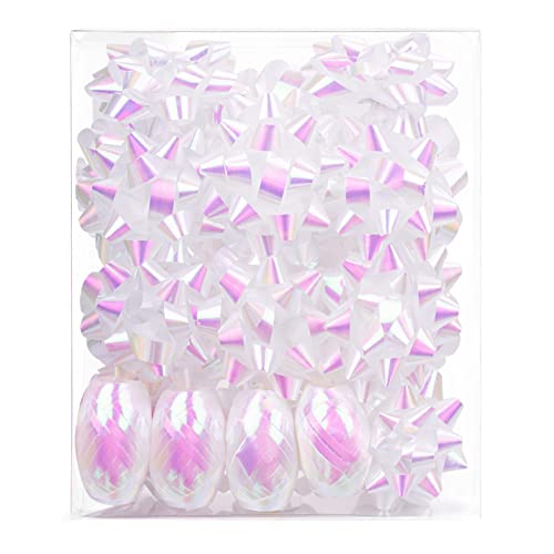 MAYPLUSS 3.5" White Gift Bow Assortment (18 Bows, 4 Spools of Ribbon), Perfect for Christmas, Birthday, Holiday, Party Favors Decorations