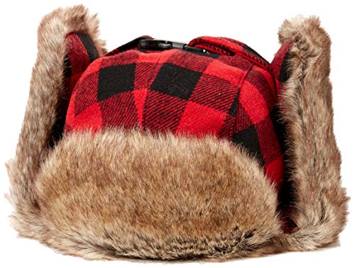 Amazon Essentials Men's Trapper Hat with Faux Fur, Red Buffalo Check, One Size