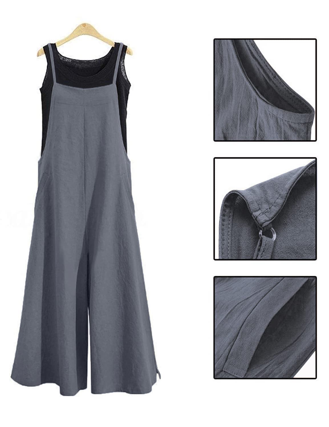 YESNO Women Casual Loose Long Bib Pants Wide Leg Jumpsuits Baggy Cotton Rompers Overalls with Pockets (2XL PZZTYP2 Gray)