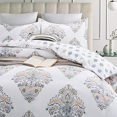 JUCFHY Queen Size Hotel Collections Super Soft Egyptian Cotton 3 Piece Modern Bedding Medallion Damask Duvet Cover Set-1000-Thread-Count Bedding Set 1 Duvet Cover and 2 Pillow Shams