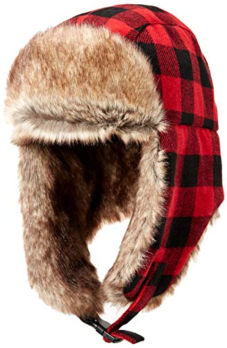 Amazon Essentials Men's Trapper Hat with Faux Fur, Red Buffalo Check, One Size