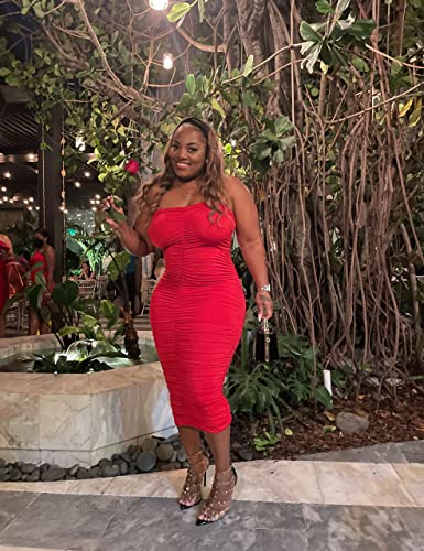 BEAGIMEG Women's Sexy Ruched Strapless Bodycon Tube Maxi Long Club Dress Red