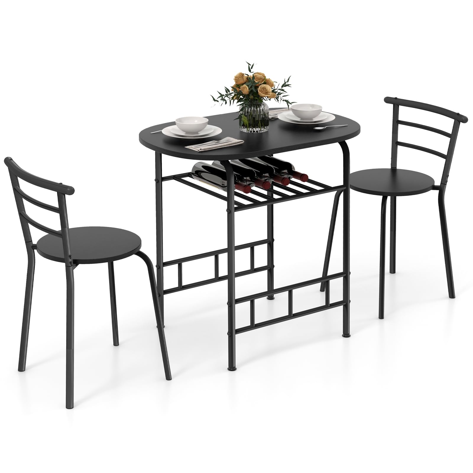 Giantex 3 Piece Dining Set Compact 2 Chairs and Table Set with Metal Frame and Shelf Storage Bistro Pub Breakfast Space Saving for Apartment and Kitchen (Black)