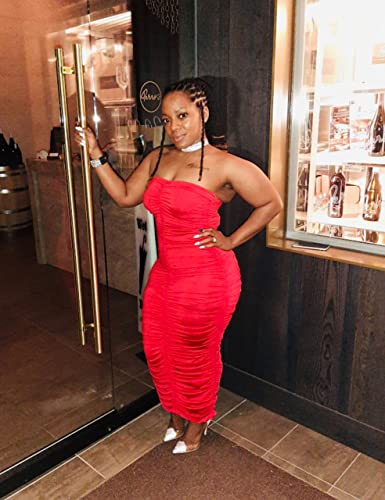 BEAGIMEG Women's Sexy Ruched Strapless Bodycon Tube Maxi Long Club Dress Red