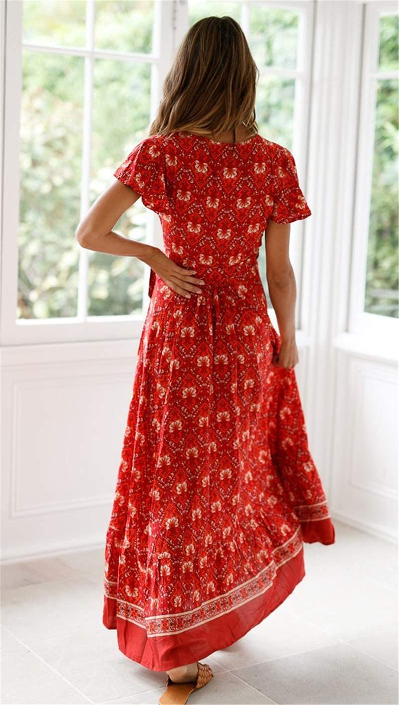 PRETTYGARDEN Women's Casual Long Summer Dresses Boho Floral Wrap V Neck Short Sleeve Split Maxi Beach Dress (Red -1,Medium)