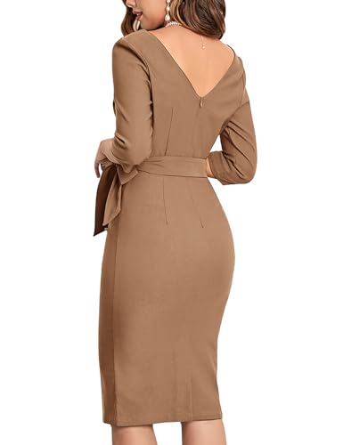 MUXXN Ladies Retro Cut Out Neck Elbow Sleeves Graduation Party Pencil Dress (Camel L)