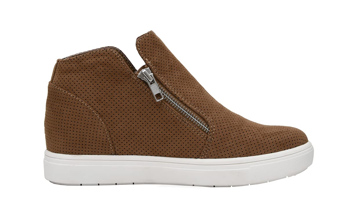 CUSHIONAIRE Women's Hart Sneaker Wedge Booties– Slip-On Sneaker Wedge Boots for Women with Dual Zipper, Cognac 8