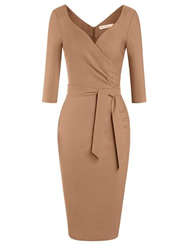 MUXXN Ladies Retro Cut Out Neck Elbow Sleeves Graduation Party Pencil Dress (Camel L)
