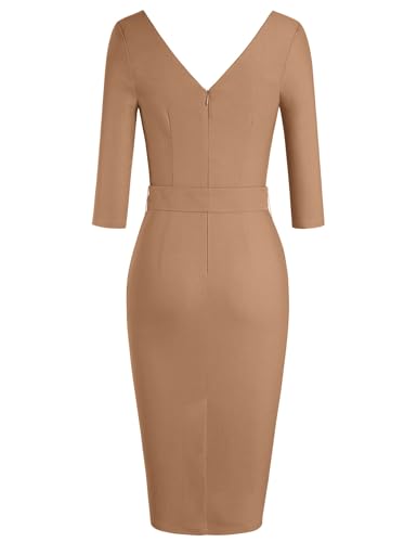 MUXXN Ladies Retro Cut Out Neck Elbow Sleeves Graduation Party Pencil Dress (Camel L)