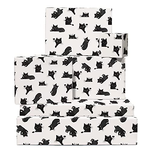 CENTRAL 23 Cat Wrapping Paper - 6 Sheets of Birthday Gift Wrap with Tags - Black Cat - White Wrapping Paper for Men & Women - Animal Gift Wrap for Kids Boys Girls - Fur Parent, Cat Mom or Dad