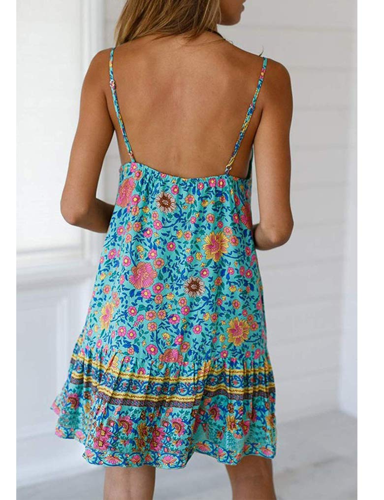 Summer Dresses for Women, Floral Print Sundress Straps Beach Dress Short Boho Dresses with Pocket Green M