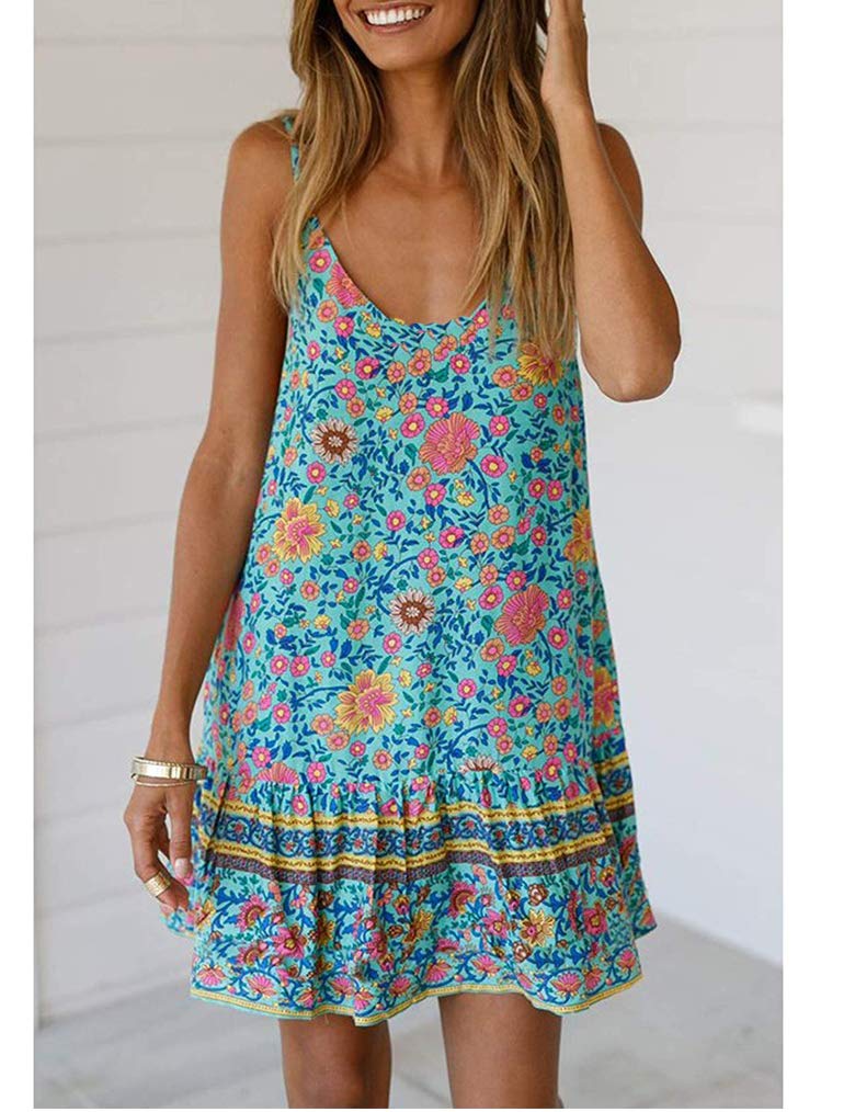 Summer Dresses for Women, Floral Print Sundress Straps Beach Dress Short Boho Dresses with Pocket Green M