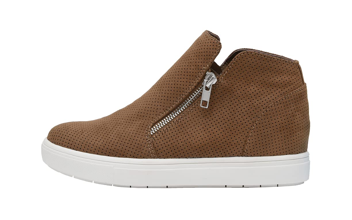 CUSHIONAIRE Women's Hart Sneaker Wedge Booties– Slip-On Sneaker Wedge Boots for Women with Dual Zipper, Cognac 8