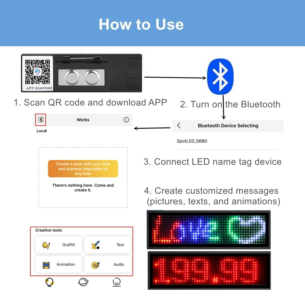 LED Name Tag, OUHL Upgraded Rechargeable LED Badge Scrolling Mini LED Display Cellphone Programmable Business Badges with Magnet/Pin (Red)