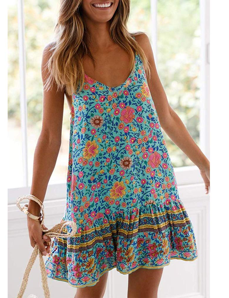 Summer Dresses for Women, Floral Print Sundress Straps Beach Dress Short Boho Dresses with Pocket Green M