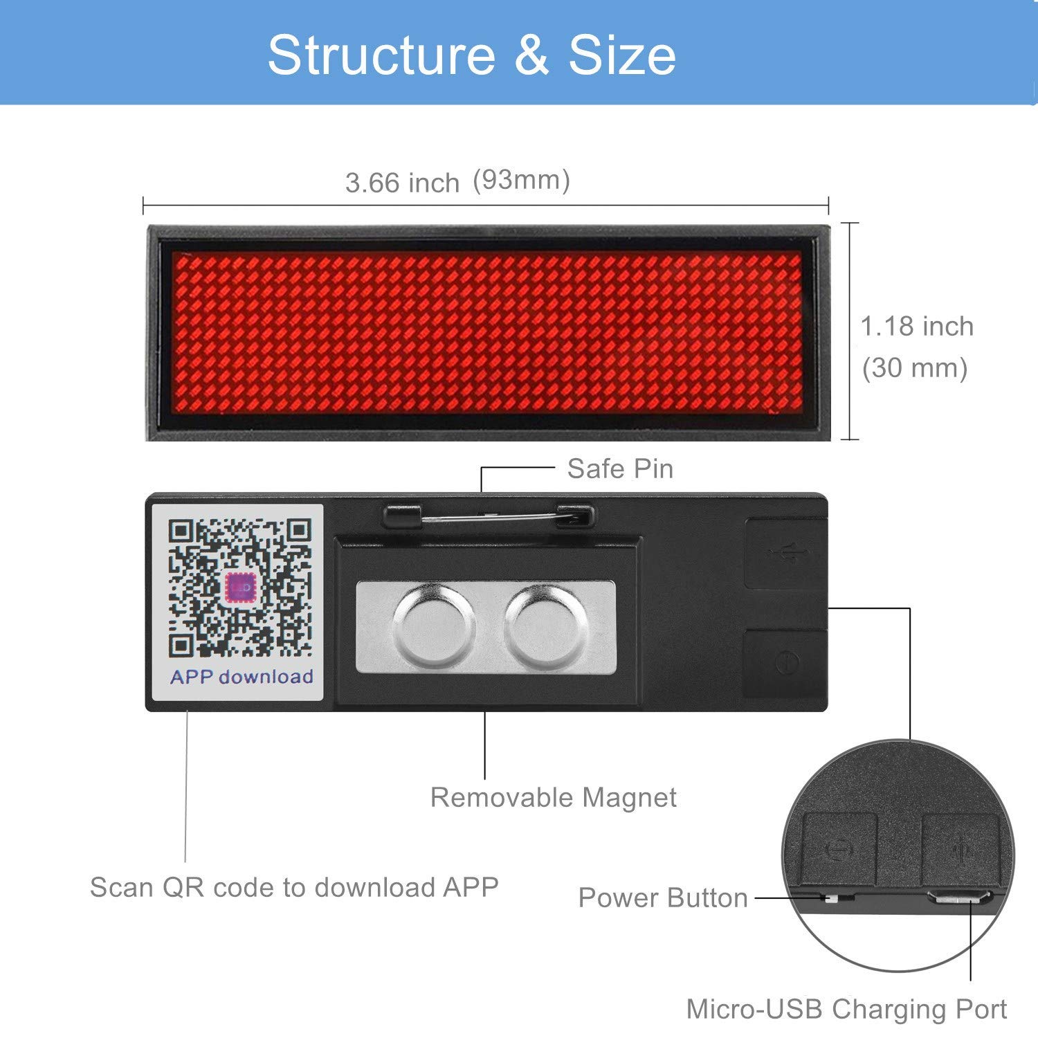 LED Name Tag, OUHL Upgraded Rechargeable LED Badge Scrolling Mini LED Display Cellphone Programmable Business Badges with Magnet/Pin (Red)