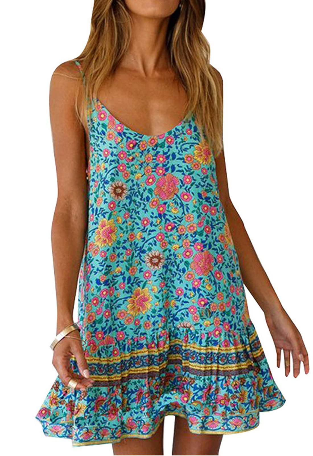 Summer Dresses for Women, Floral Print Sundress Straps Beach Dress Short Boho Dresses with Pocket Green M