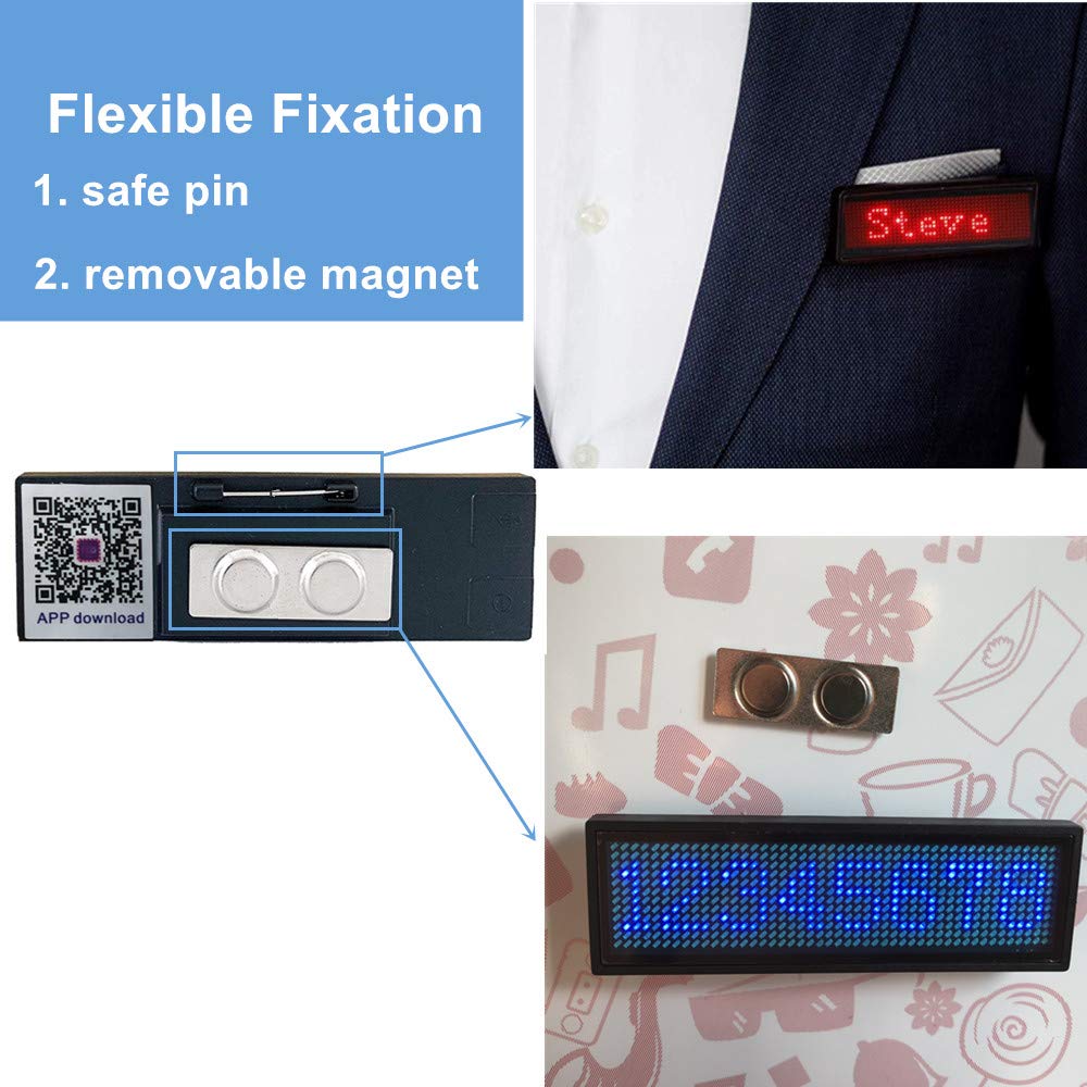LED Name Tag, OUHL Upgraded Rechargeable LED Badge Scrolling Mini LED Display Cellphone Programmable Business Badges with Magnet/Pin (Red)