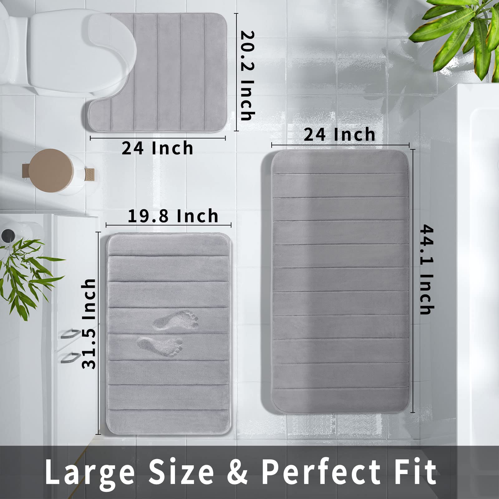 Yimobra Bathroom Rugs Sets 3 Pieces, Soft Comfortable Memory Foam Bath Mat and U-Shaped Toilet Rug Area Rug Set, Non-Slip Water Absorption Quick Drying Bath Rug, Home Decor Accessories, Grey