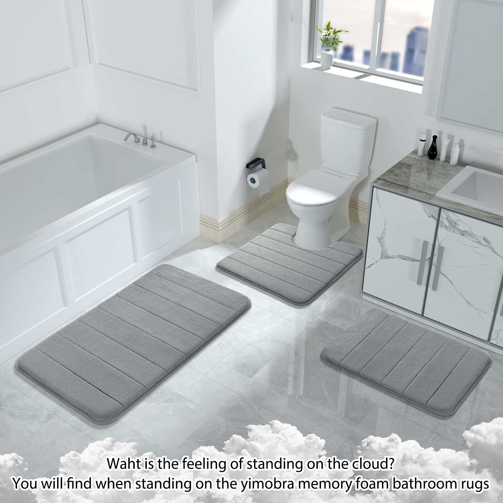 Yimobra Bathroom Rugs Sets 3 Pieces, Soft Comfortable Memory Foam Bath Mat and U-Shaped Toilet Rug Area Rug Set, Non-Slip Water Absorption Quick Drying Bath Rug, Home Decor Accessories, Grey