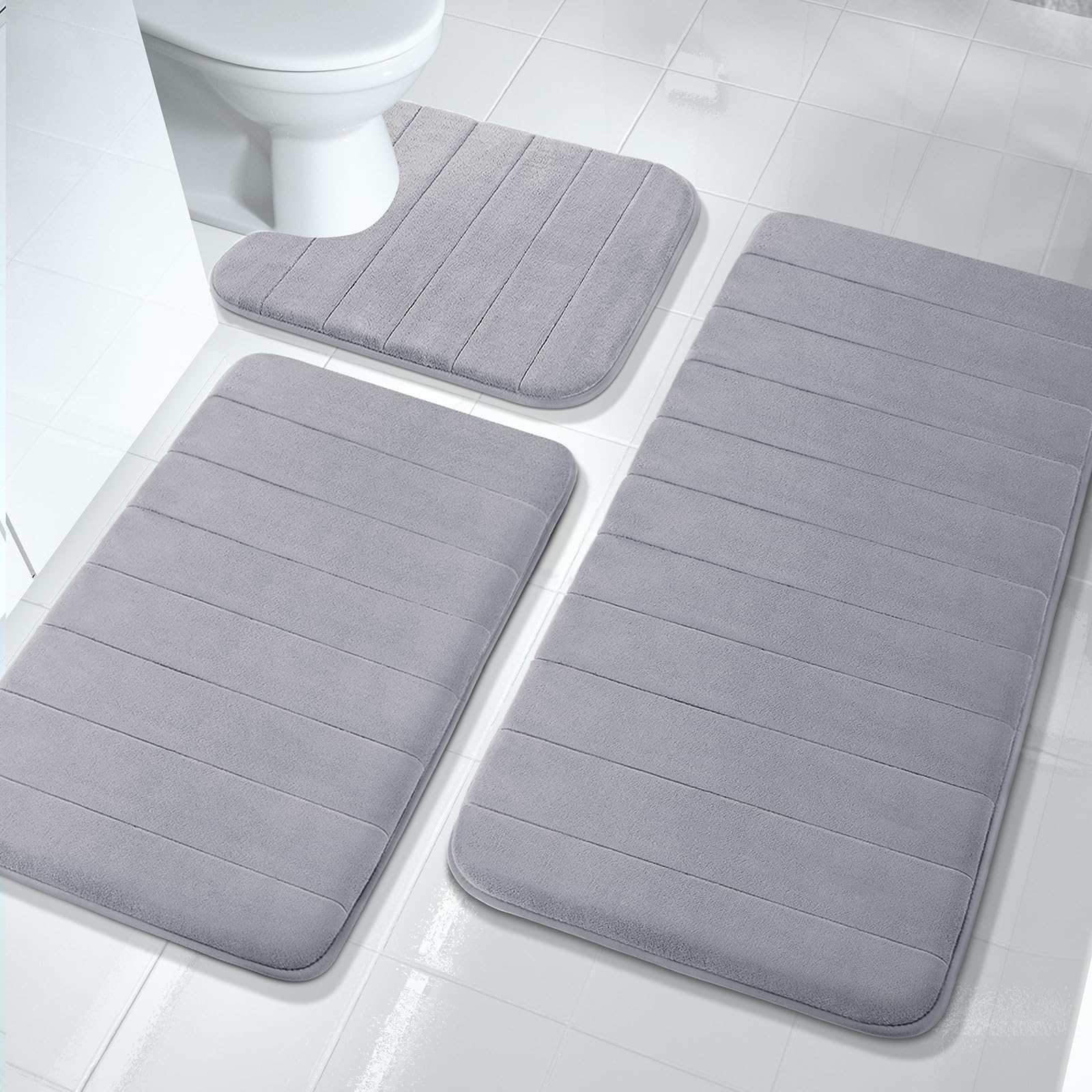 Yimobra Bathroom Rugs Sets 3 Pieces, Soft Comfortable Memory Foam Bath Mat and U-Shaped Toilet Rug Area Rug Set, Non-Slip Water Absorption Quick Drying Bath Rug, Home Decor Accessories, Grey