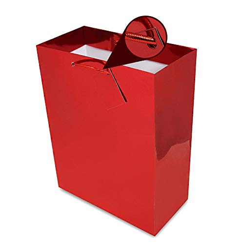 Large Red Gift Bags - 12 Pack Metallic Red Foil Gift Bags with Handles, Designer Paper Gift Wrap Euro Totes for Birthdays, Christmas, Valentines, Bachelorette, Holidays, Presents, Bulk โ 10x5x13