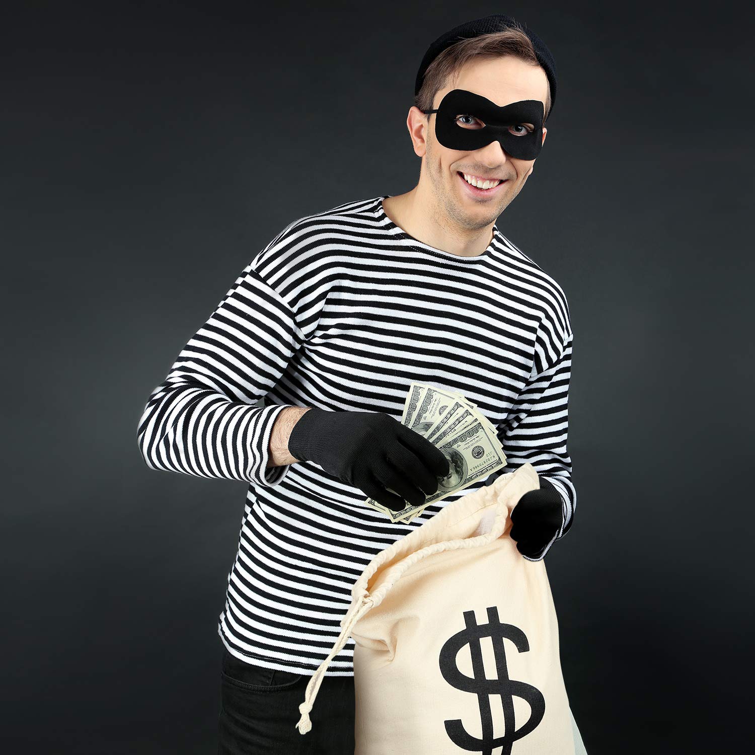 Robber Costume Set, Include 11.8x15.7inch Dollar Sign Money Bag, Black Gloves, Eye Mask for Halloween Party Pirate Thief Cosplay Costume