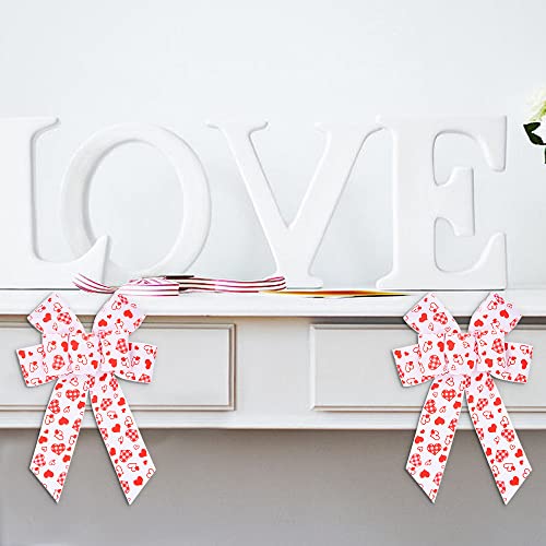 Hying 2 PCS Valentine's Day Bows for Wreath, Valentines Wreath Bows Red Heart Bows Holiday White Burlap Gift Bow for Front Door Valentines Decorations Birthday Wedding Party Supplies