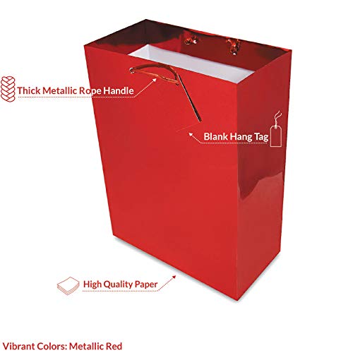 Large Red Gift Bags - 12 Pack Metallic Red Foil Gift Bags with Handles, Designer Paper Gift Wrap Euro Totes for Birthdays, Christmas, Valentines, Bachelorette, Holidays, Presents, Bulk โ 10x5x13