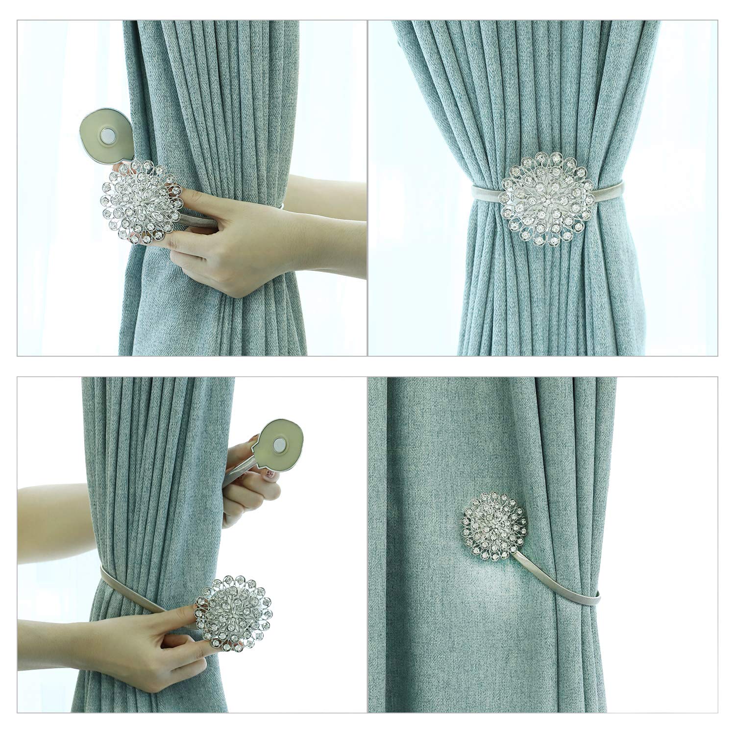 Pinowu Magnetic Crystal Flower Curtain Tiebacks (2 Pack), Decorative Curtain Holdback Buckle Clips with Stretchable String Rope for Bedroom, Living Room, Office