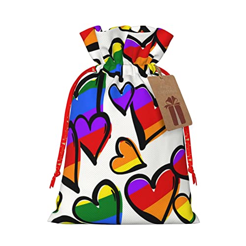 Rainbow Colored Gay Pride Heartschristmas Drawstring Gift Bag, Linen Drawstring Gift Bag, Reusable Drawstring Gift Bag, Used For Christmas, Birthday, Wedding Supplies