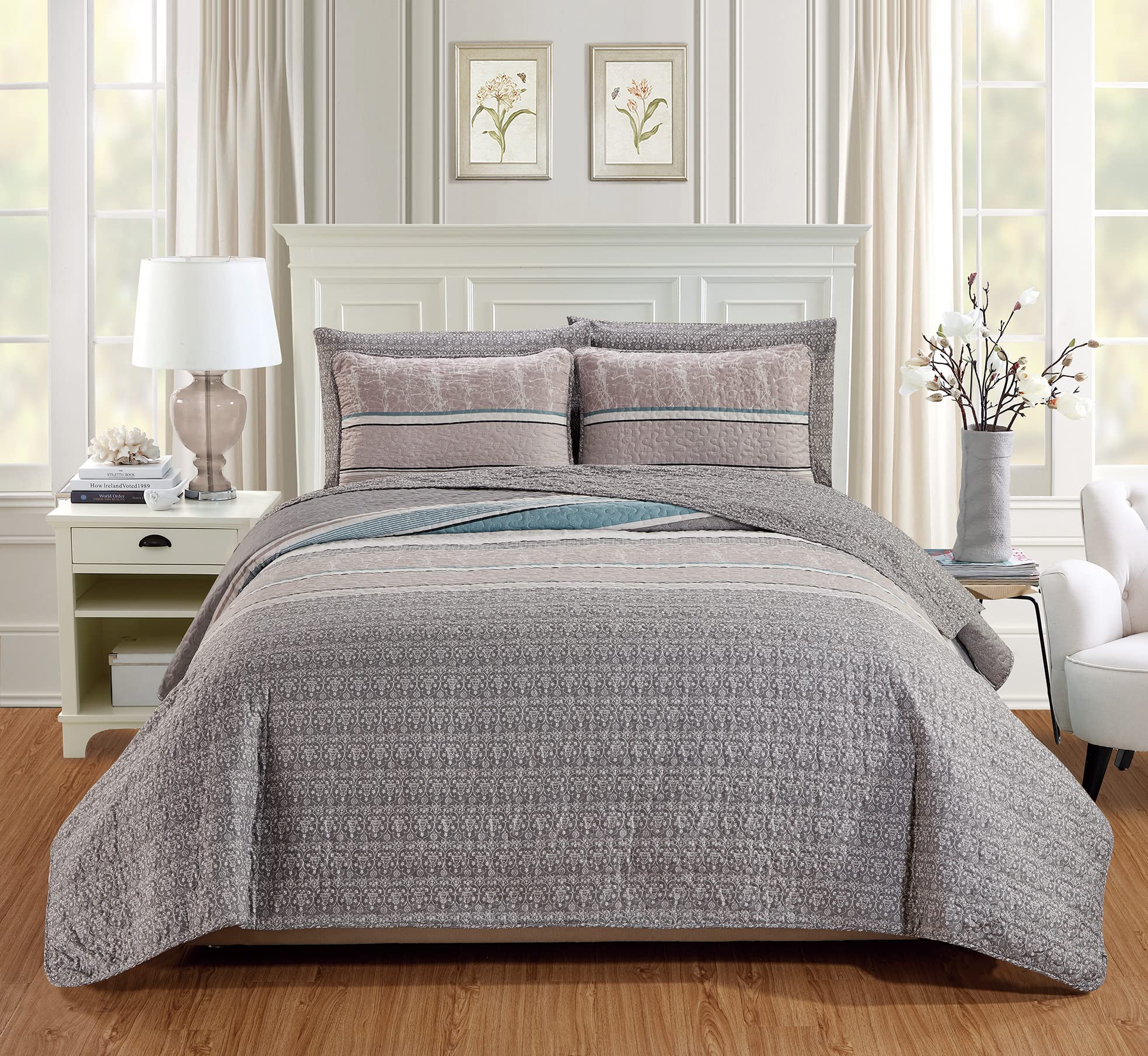 GrandLinen - 3-Piece Fine Printed Oversize (100 X 95) Quilt Set Light Weight Reversible Bedspread Coverlet Queen Size Bed Cover (Grey, Teal Blue (More Bluish), White, Stripe)