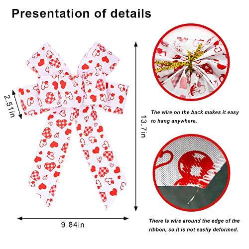 Hying 2 PCS Valentine's Day Bows for Wreath, Valentines Wreath Bows Red Heart Bows Holiday White Burlap Gift Bow for Front Door Valentines Decorations Birthday Wedding Party Supplies