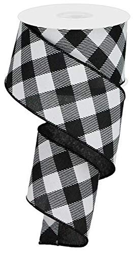Diagonal Plaid Check Wired Edge Ribbon - 10 Yards (Black, White, 2.5")