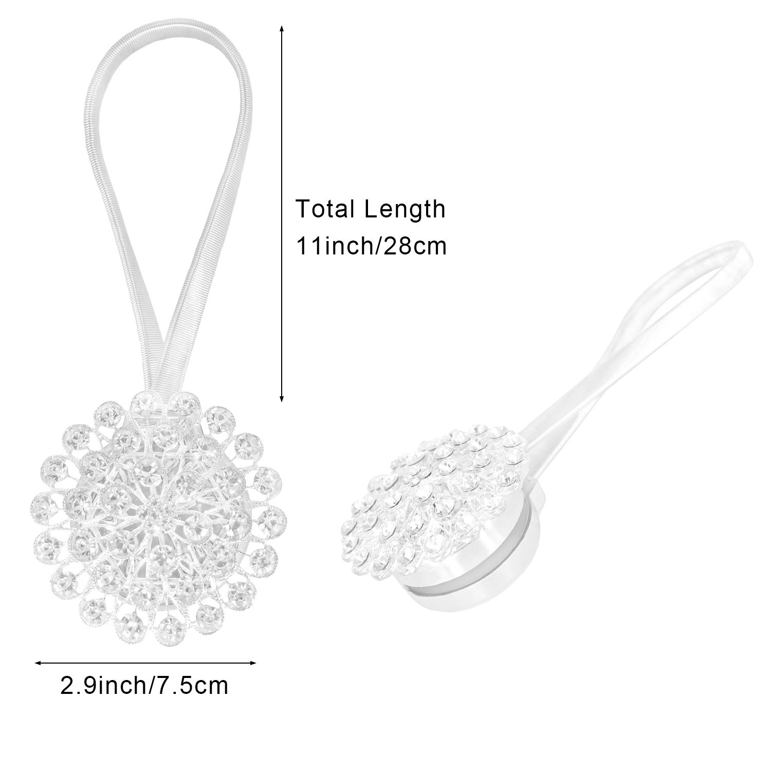 Pinowu Magnetic Crystal Flower Curtain Tiebacks (2 Pack), Decorative Curtain Holdback Buckle Clips with Stretchable String Rope for Bedroom, Living Room, Office