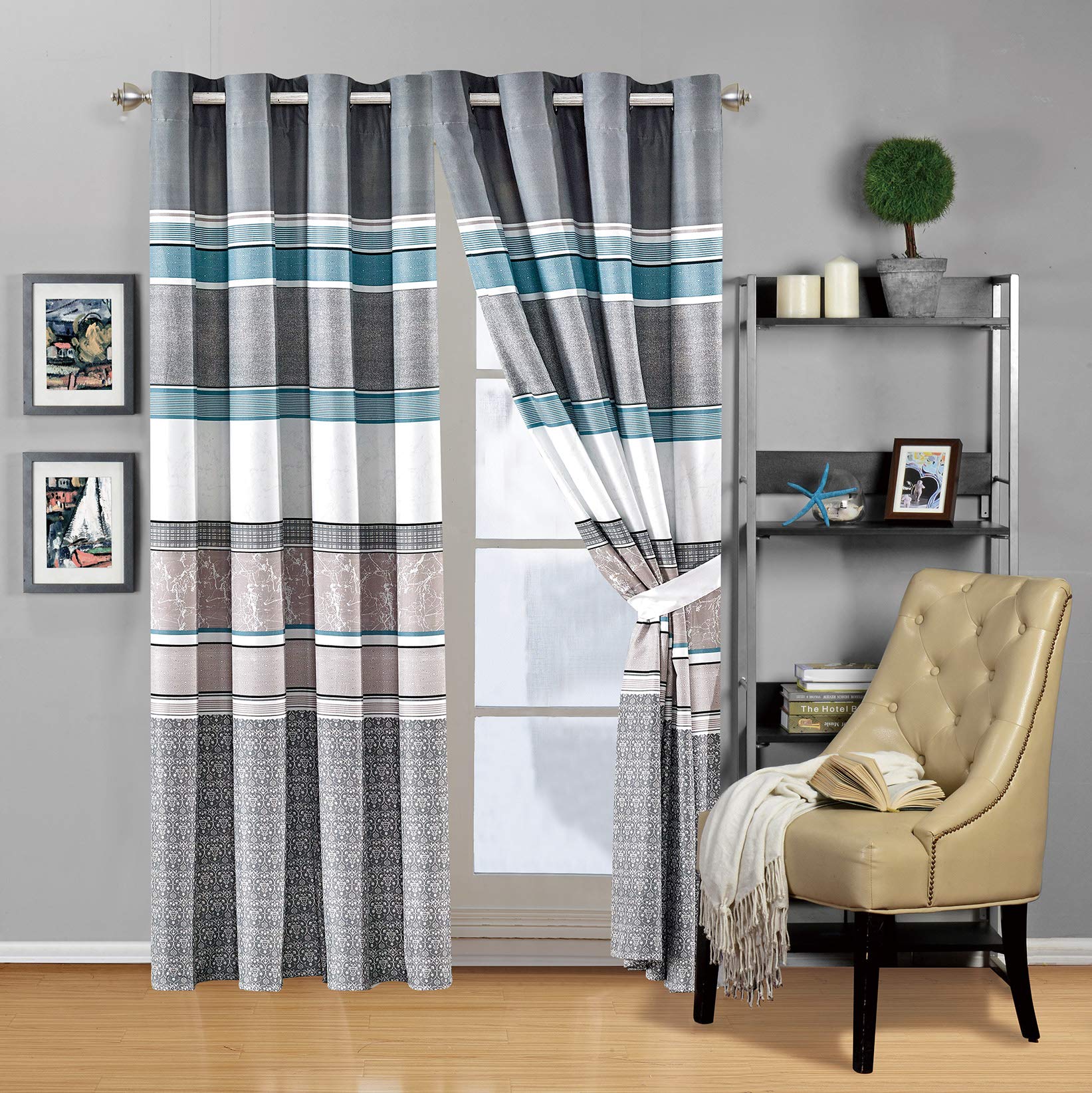 GrandLinen - 3-Piece Fine Printed Oversize (100 X 95) Quilt Set Light Weight Reversible Bedspread Coverlet Queen Size Bed Cover (Grey, Teal Blue (More Bluish), White, Stripe)