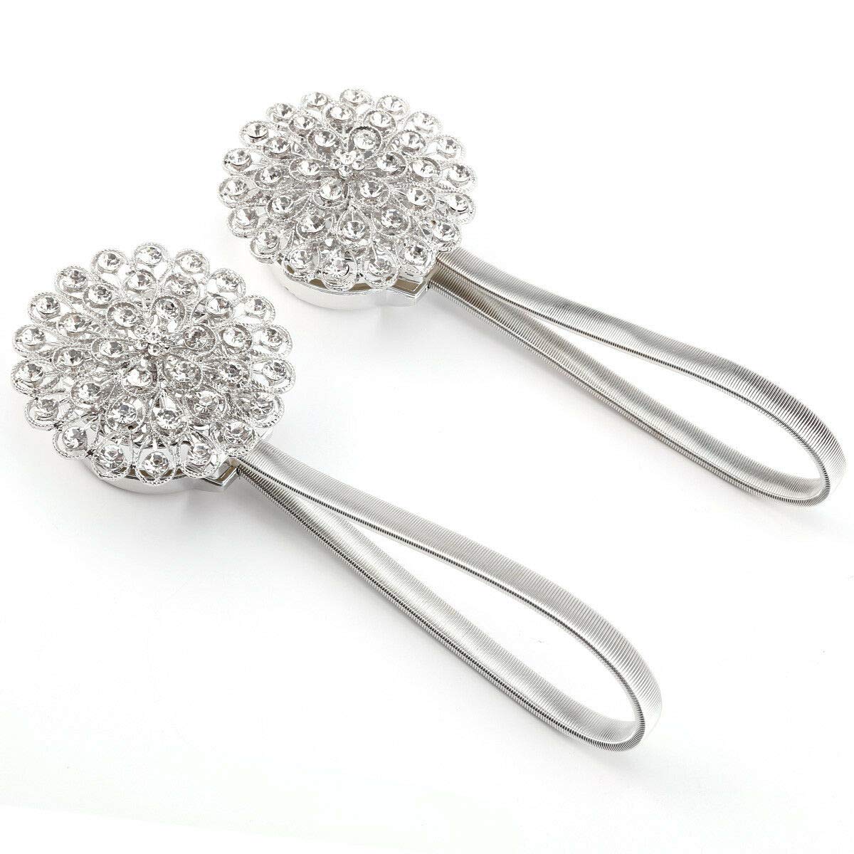 Pinowu Magnetic Crystal Flower Curtain Tiebacks (2 Pack), Decorative Curtain Holdback Buckle Clips with Stretchable String Rope for Bedroom, Living Room, Office