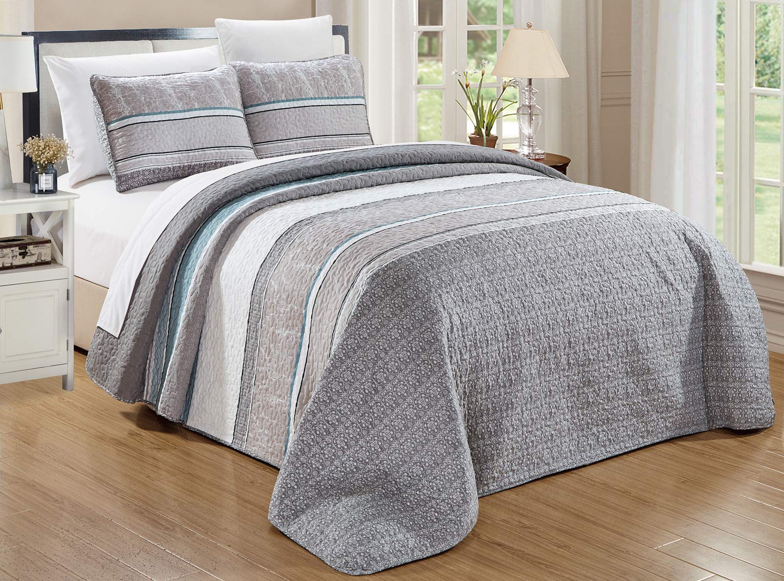 GrandLinen - 3-Piece Fine Printed Oversize (100 X 95) Quilt Set Light Weight Reversible Bedspread Coverlet Queen Size Bed Cover (Grey, Teal Blue (More Bluish), White, Stripe)