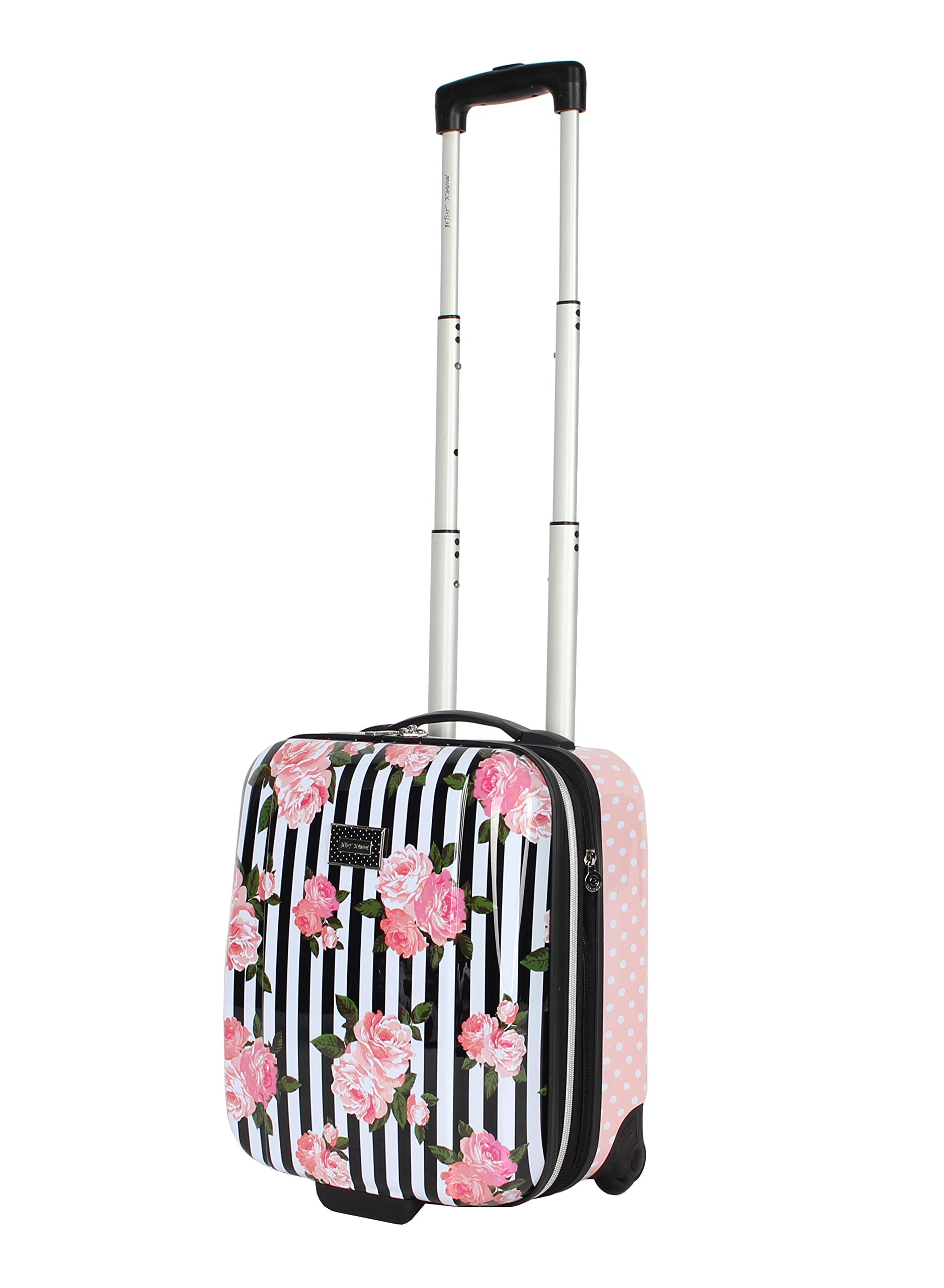 Betsey Johnson Designer Underseat Luggage Collection - 15 Inch Hardside Carry On Suitcase for Women- Lightweight Under Seat Bag with 2-Rolling Wheels (Stripe Roses)