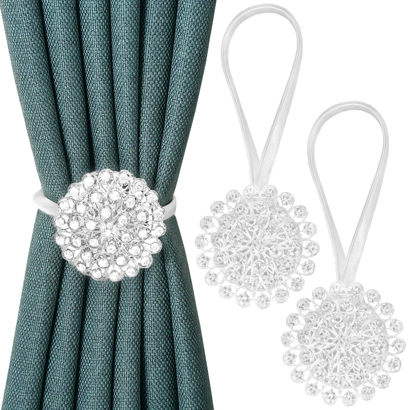 Pinowu Magnetic Crystal Flower Curtain Tiebacks (2 Pack), Decorative Curtain Holdback Buckle Clips with Stretchable String Rope for Bedroom, Living Room, Office